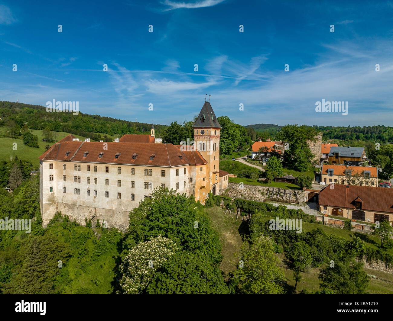 Aerial view of Vimperk Renaissance chateau castle with fortified round ...