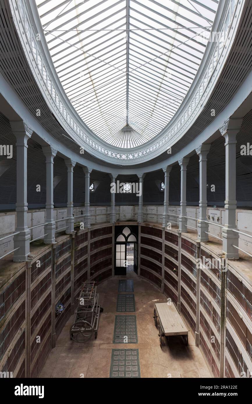 Oval funeral hall with glass dome, granite and iron construction ...