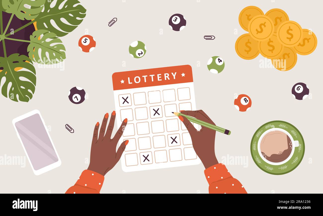 Lottery game. African female hand drawing crosses on ticket with pen ...