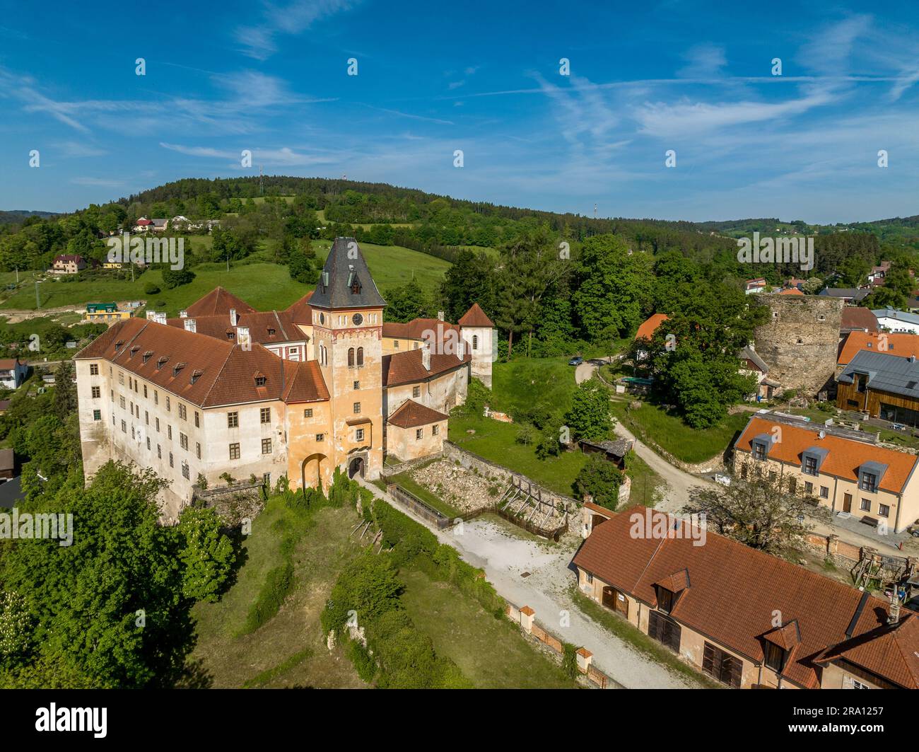 Aerial view of Vimperk Renaissance chateau castle with fortified round ...
