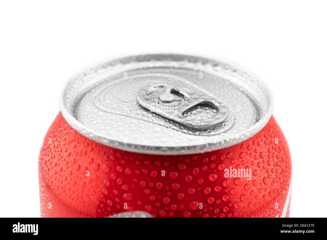 Red aluminum cans with fresh water drops isolated on white background ...