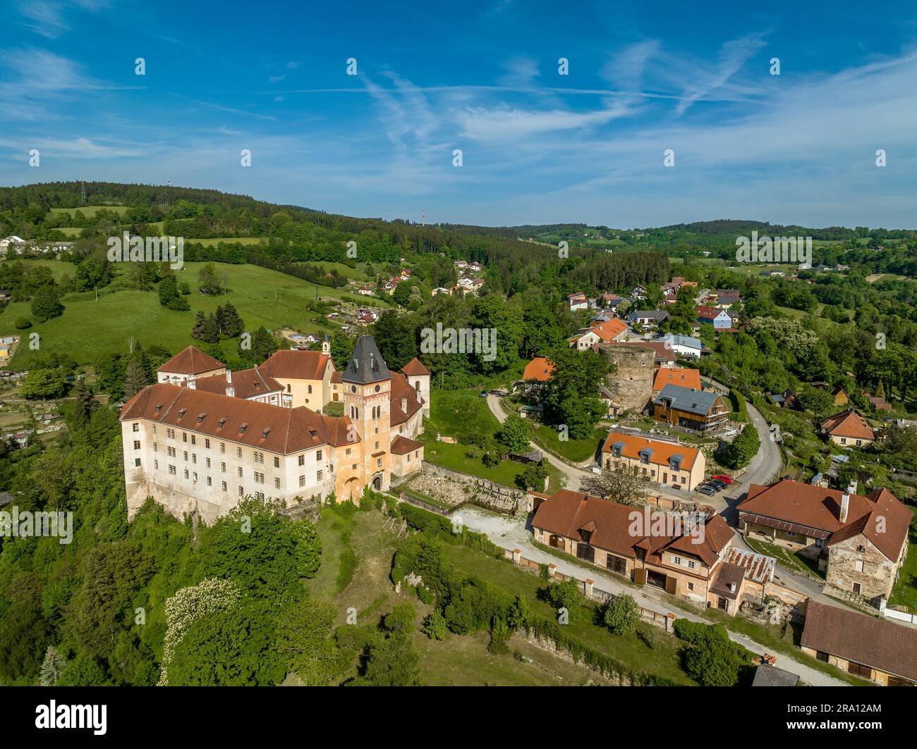 Aerial view of Vimperk Renaissance chateau castle with fortified round ...