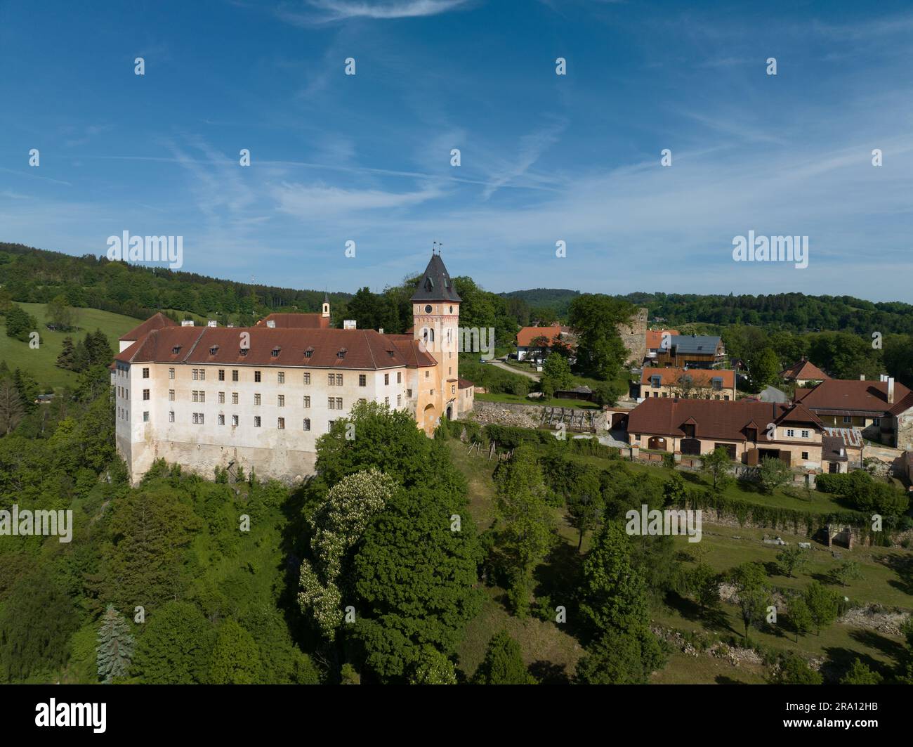 Aerial view of Vimperk Renaissance chateau castle with fortified round ...