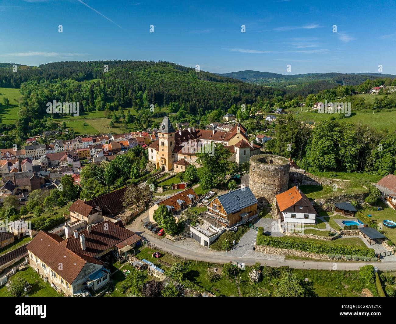 Aerial view of Vimperk Renaissance chateau castle with fortified round ...