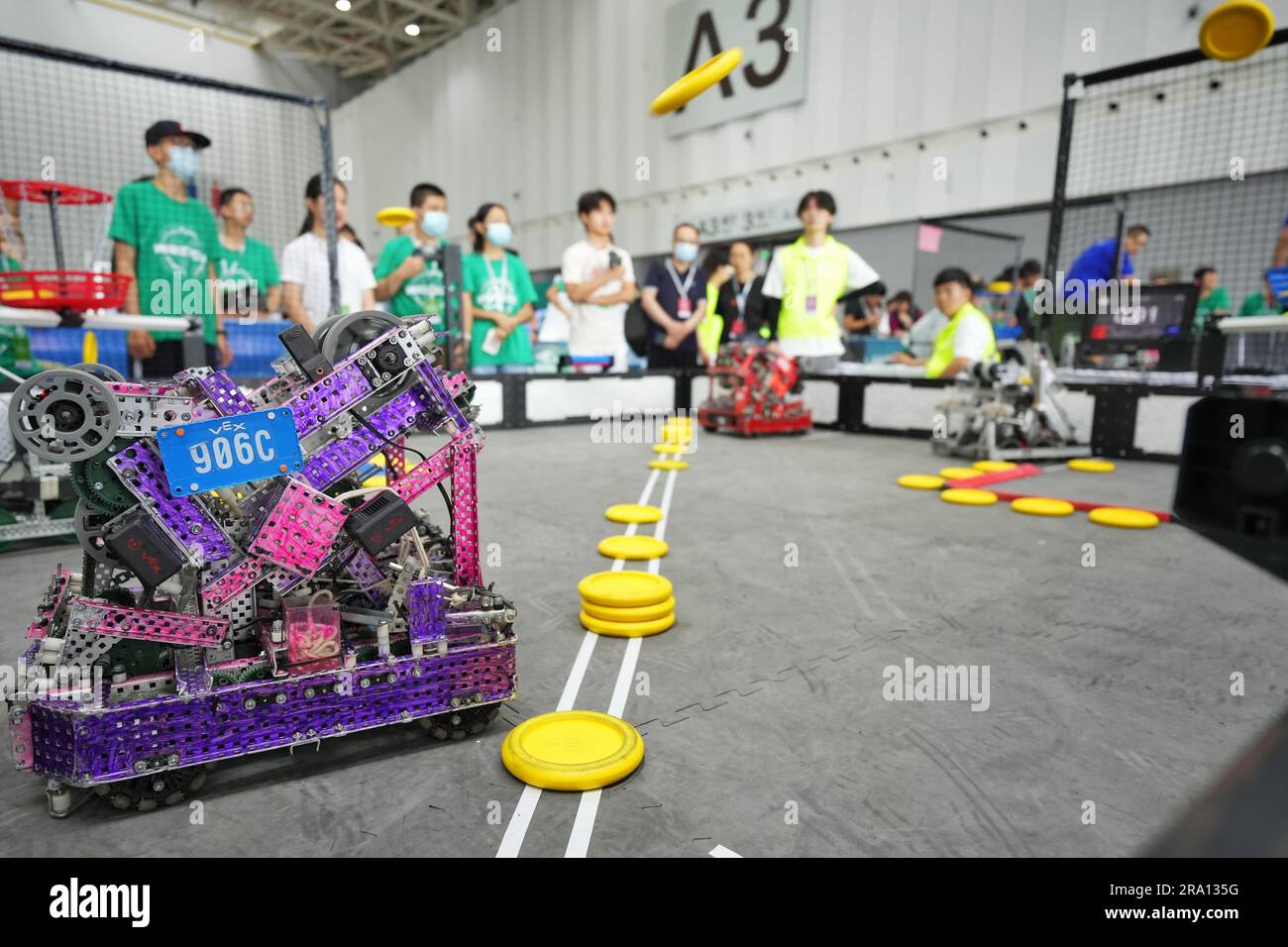 YANTAI, CHINA - JUNE 29, 2023 - Participants compete in a VEX robot competition at the 2023 ...