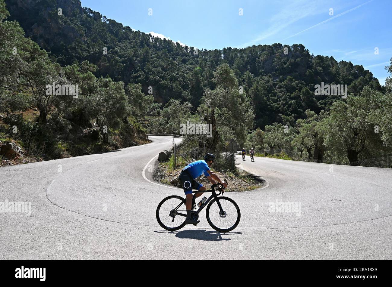Road cyclist on the Coll de Soller in the Tramuntana Mountains, Majorca ...