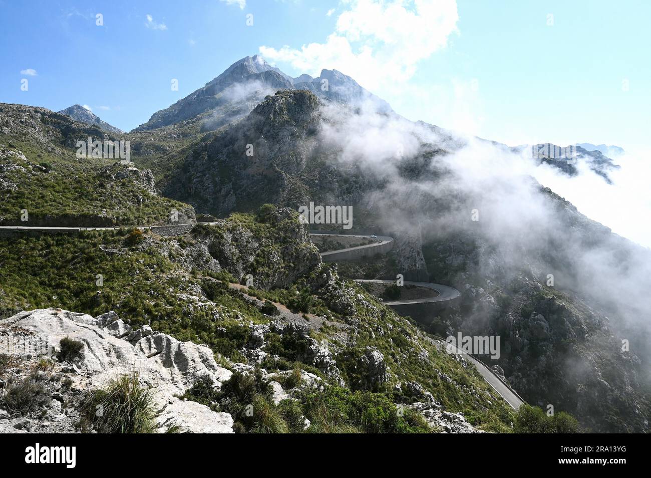 The winding road from Sa Calobra to Coll dels Reis in the Tramuntana ...