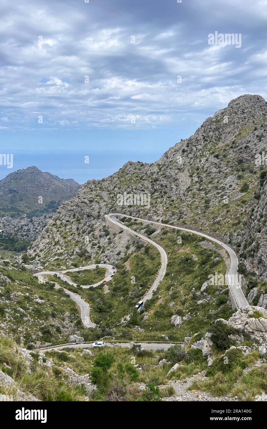 The winding road from Sa Calobra to Coll dels Reis in the Tramuntana ...