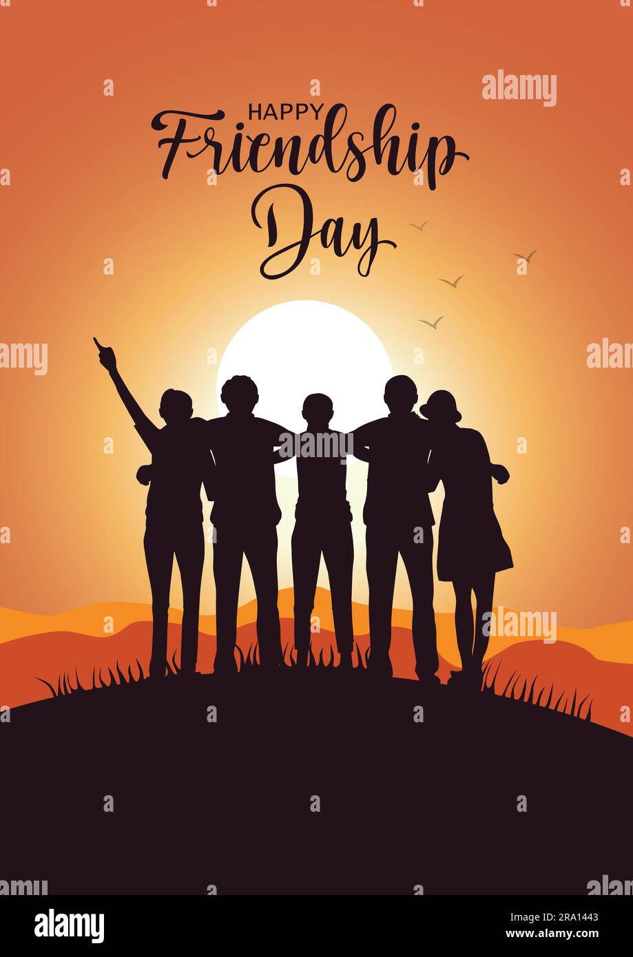 Happy international friendship day greeting card, back view of friends ...