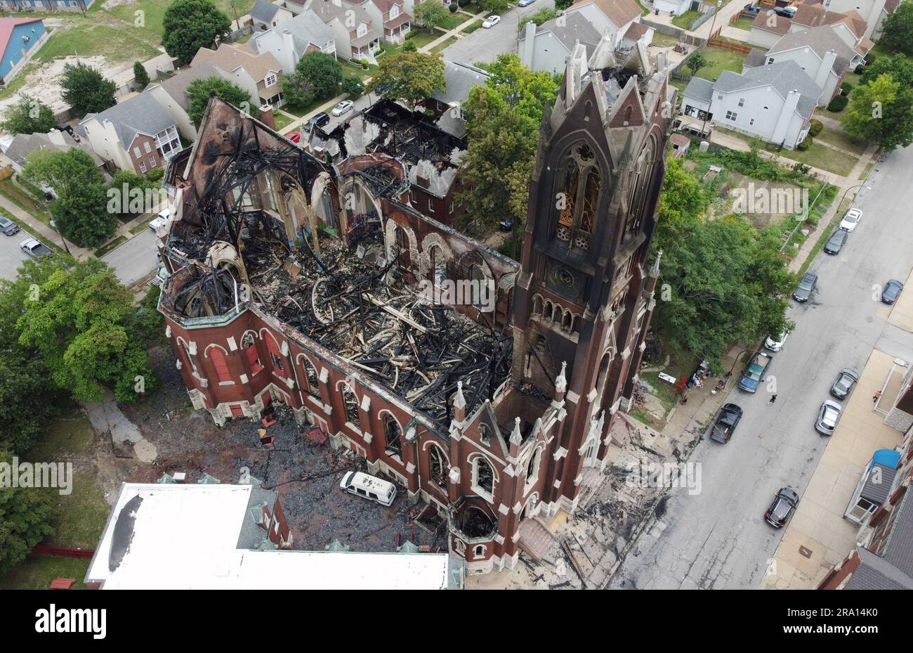 St. Louis, United States. 29th June, 2023. A drone photo shows the ...