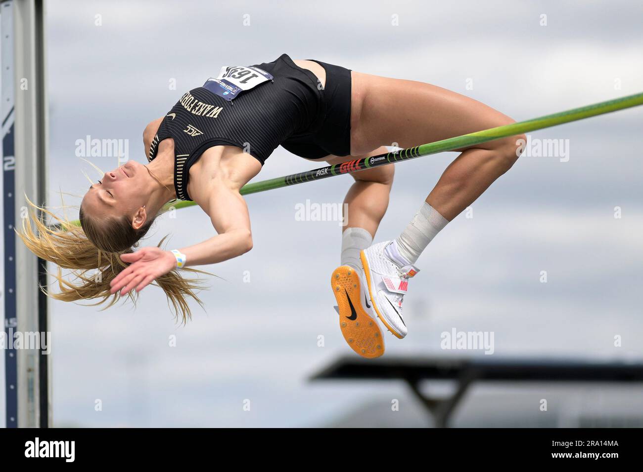 Wake Forest's Emma Soderstrom clears the bar in the women's high jump ...