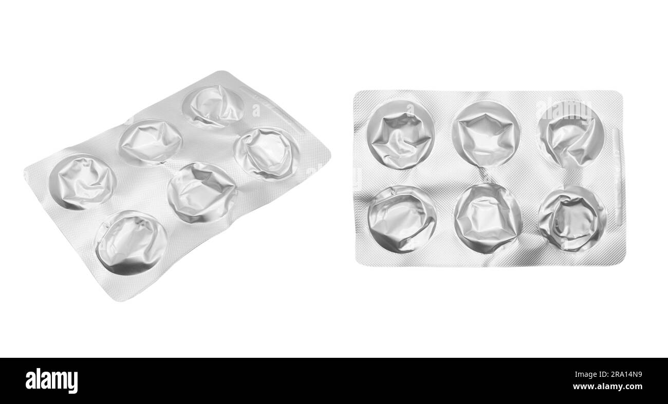 Empty pills of blister pack isolated on white background. Empty silver ...