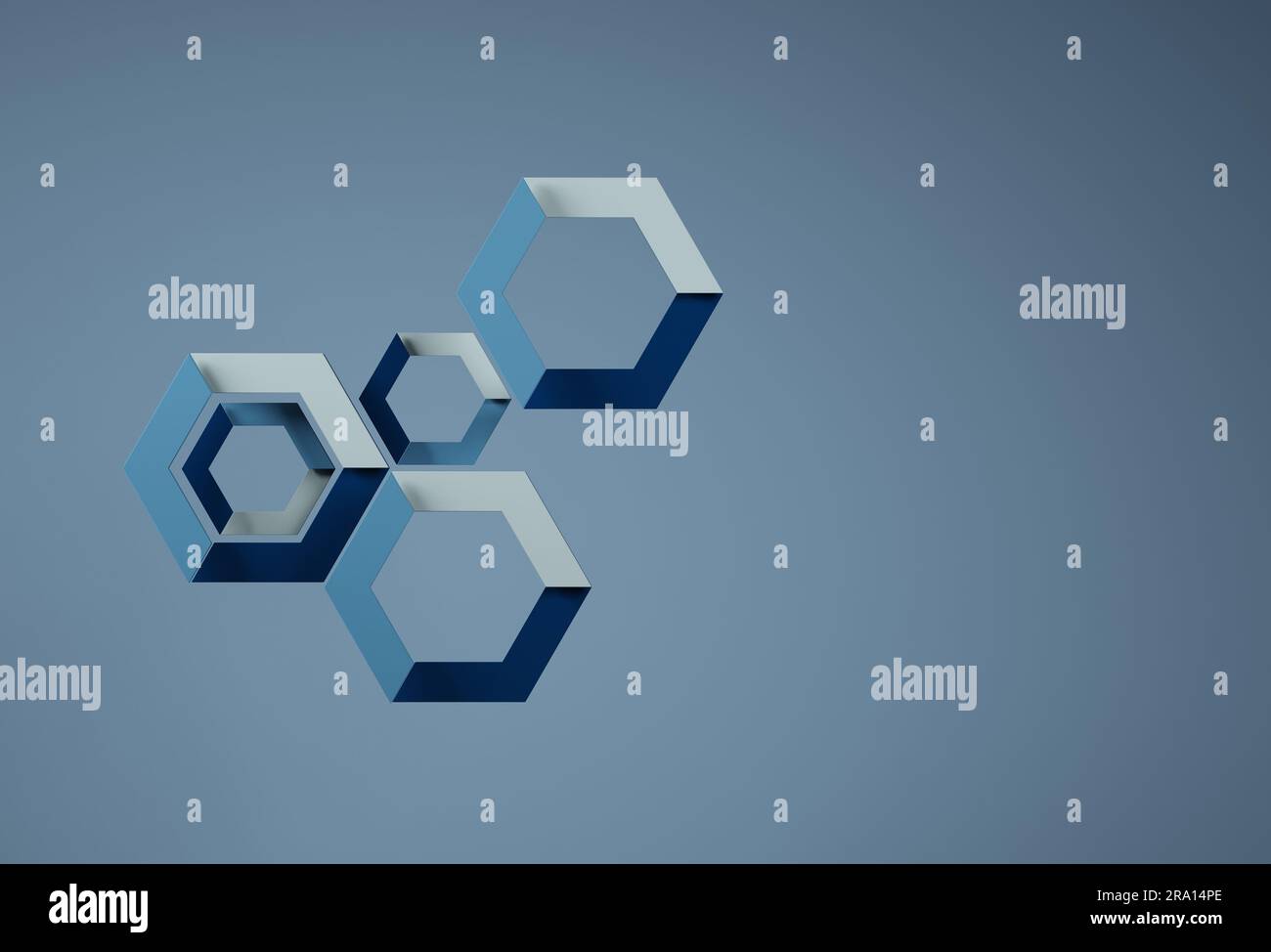 A blue hexagon floats on blue background. Minimal concept idea with ...