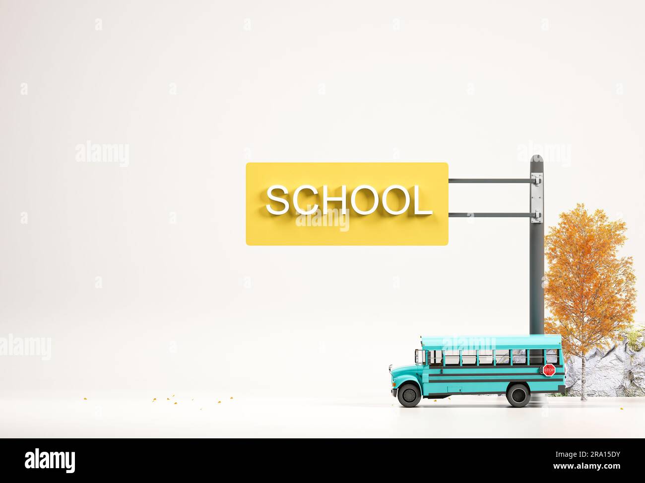 School signage with trees and rocks on a white background 3D rendering ...