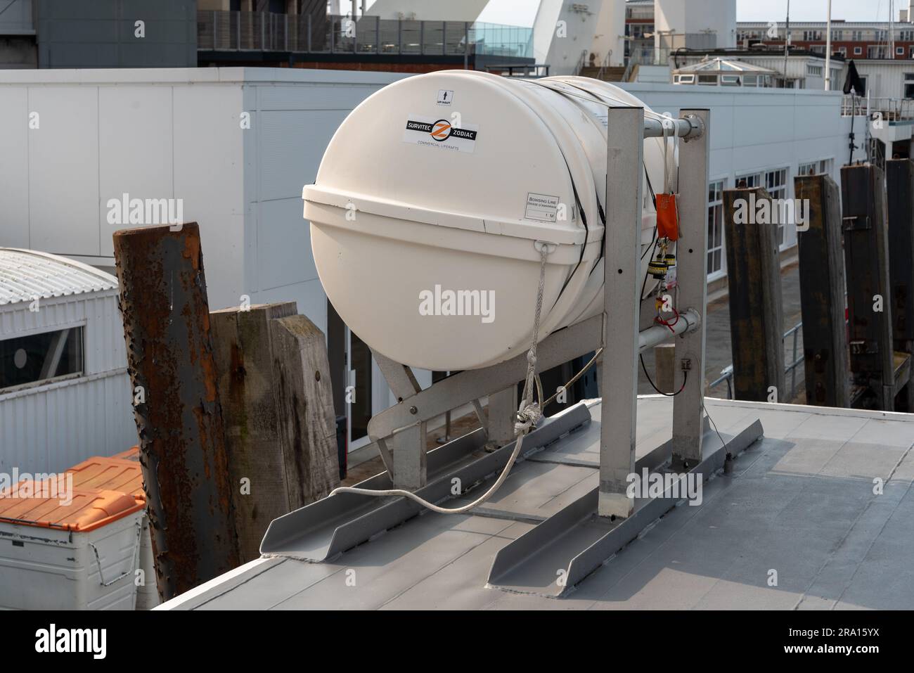 A single life raft mounted on a Wightlink fastcat passenger ferry. June ...
