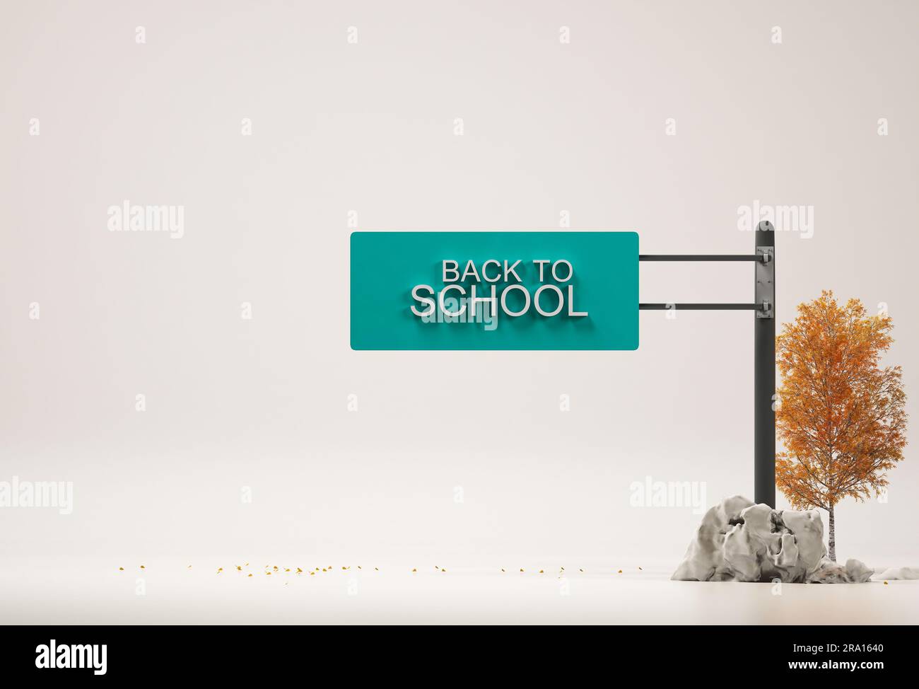 School signage with trees and rocks on a white background 3D rendering ...