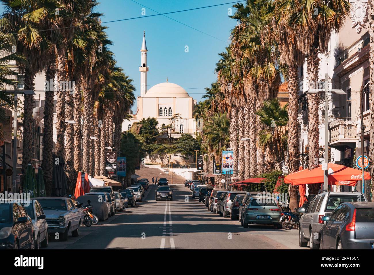 Looking down palm-lined street toward the Durrës Mosque in Durrës ...