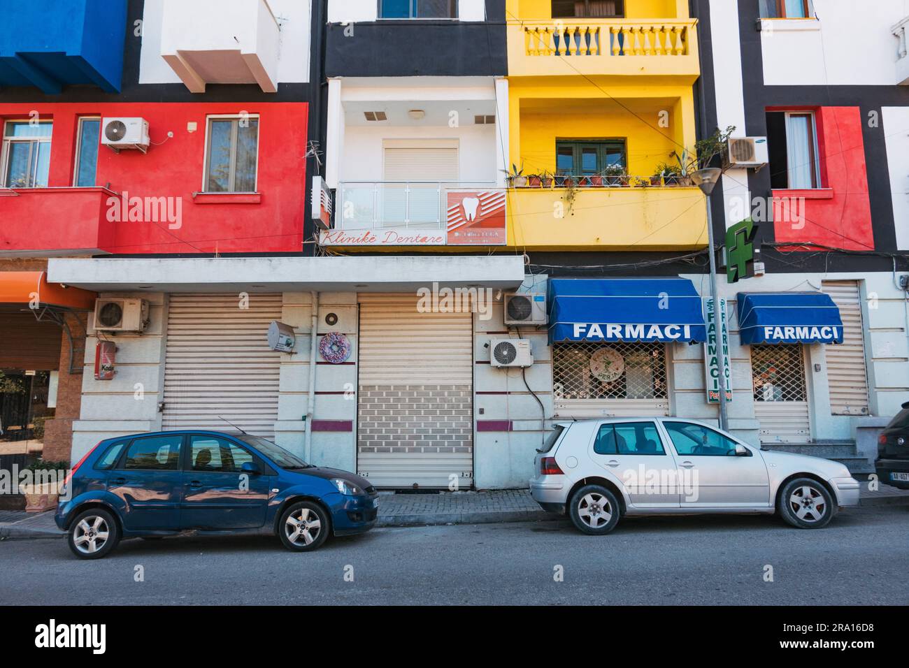 Apartments painted in the style of Dutch artist Piet Mondrian in Durrës ...