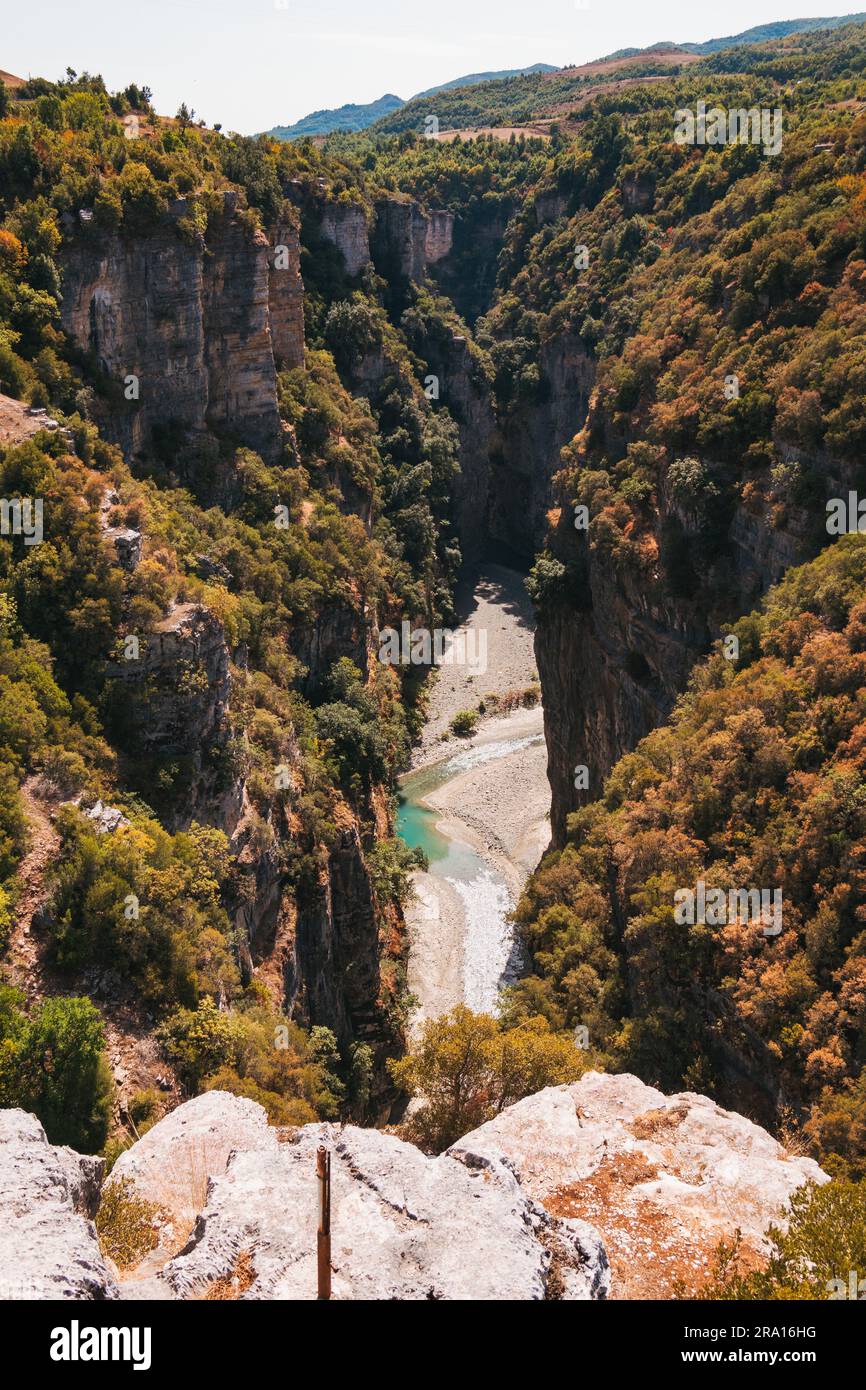 looking down into Osumi Canyon from the vehicle bridge near Blezënckë ...