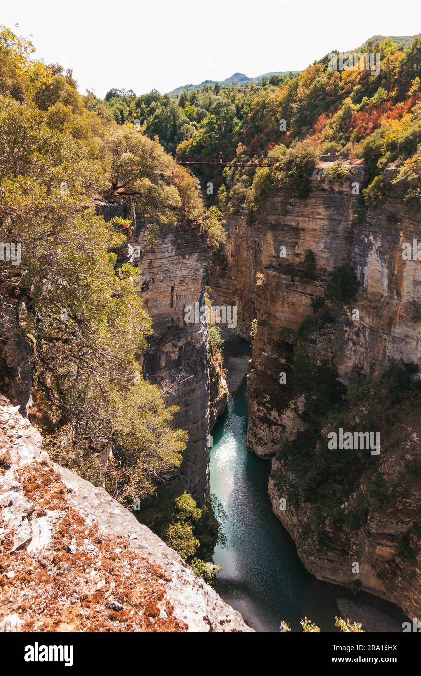 looking down into Osumi Canyon from the vehicle bridge near Blezënckë ...