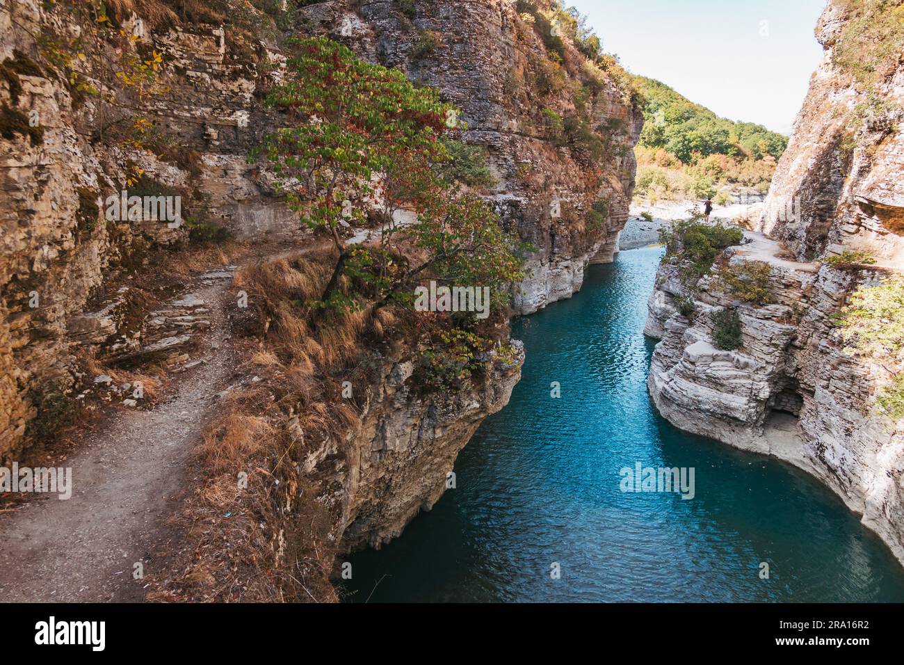 walking trail along a canyon wall in Osumi Canyon, Berat County ...