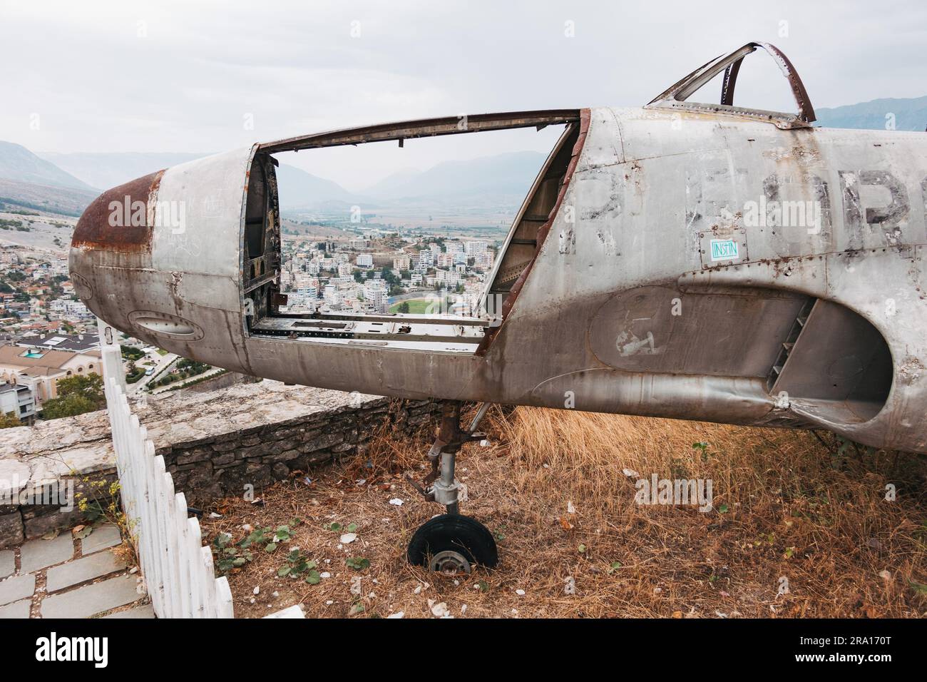 the shell of a US Air Force T-33 at the Castle of Gjirokaster, Albania ...