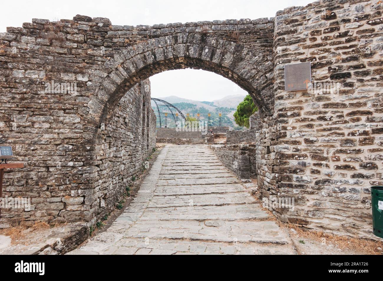 a stone arch at Gjirokastër Castle, an historic 12th century fortress ...