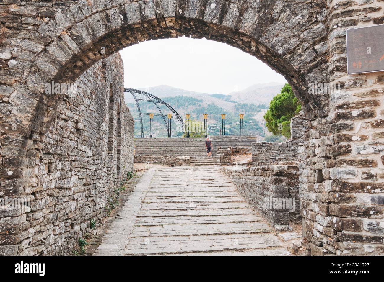 a stone arch at Gjirokastër Castle, an historic 12th century fortress ...