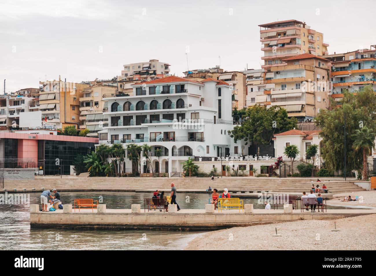 apartment buildings overlooking the bay in the city of Sarandë, Albania ...