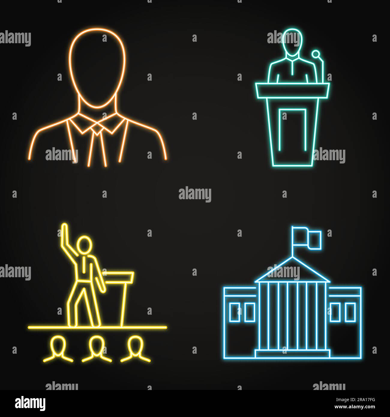Government and politics neon icon set. Political candidate, public ... Government and politics neon icon set. Political candidate, public ...