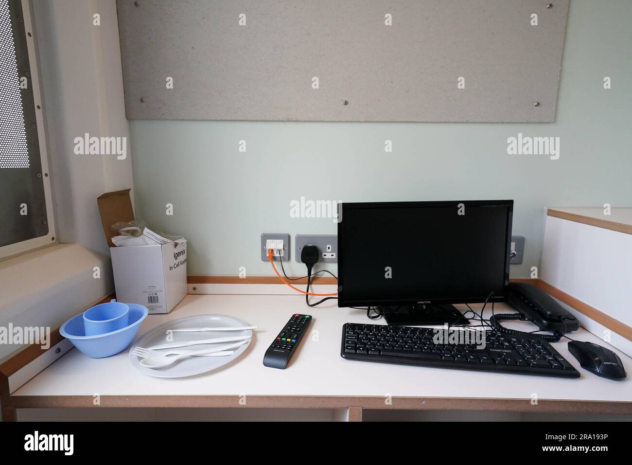 The desk of a prison cell during the official opening of HMP Fosse Way ...