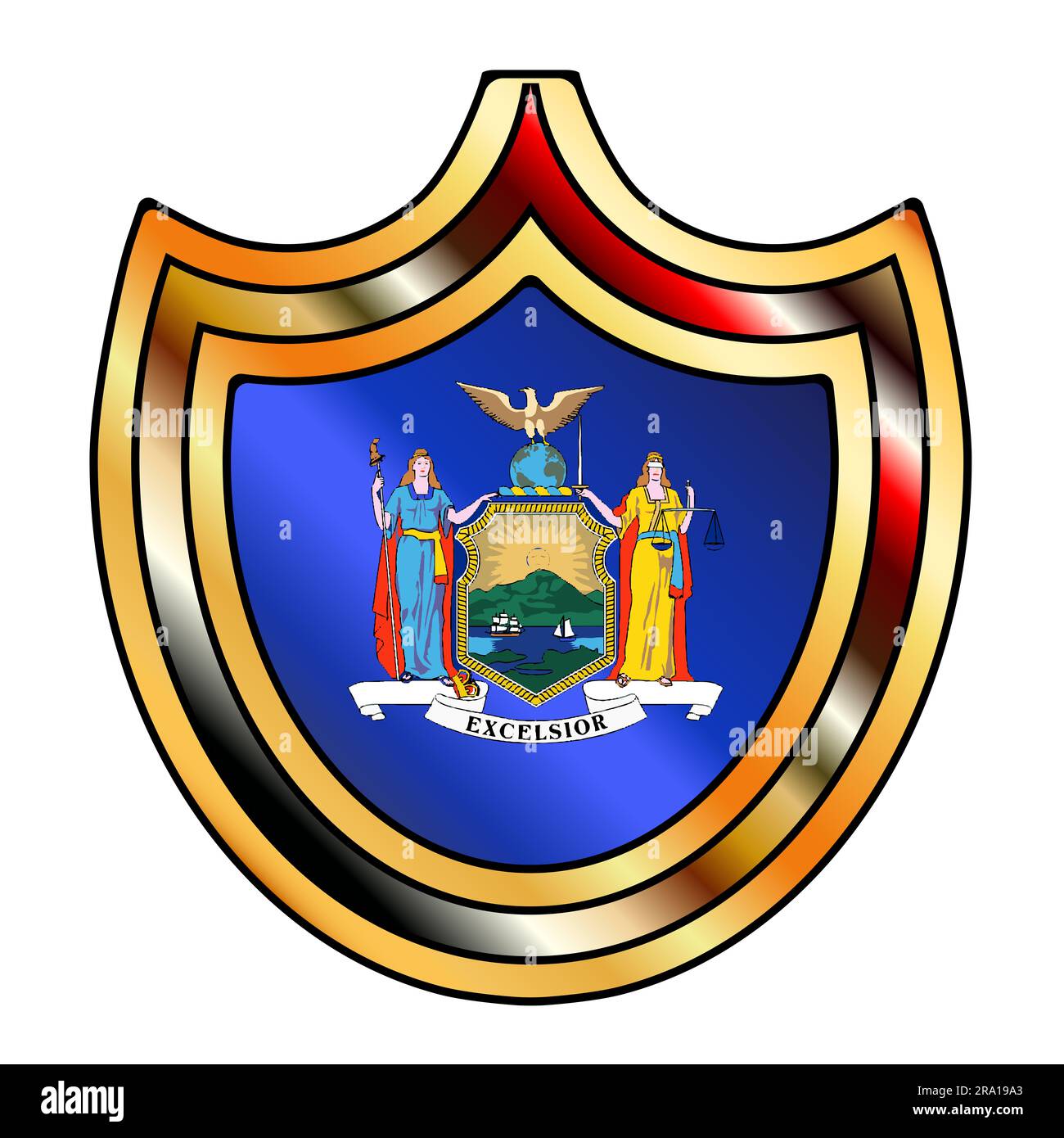 Metal shield with inset New York State flag icons on a white background ...