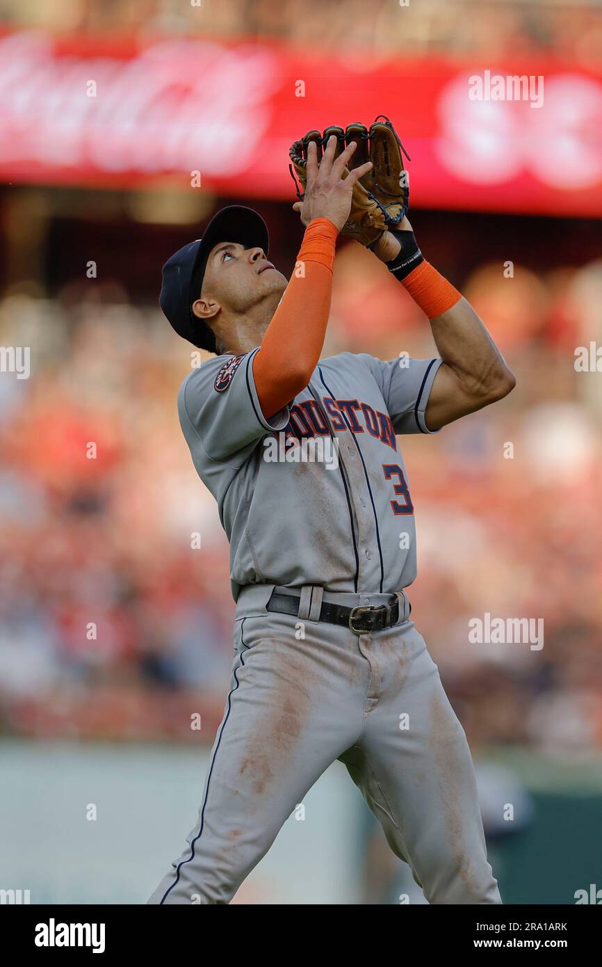 St. Louis, MO. USA; Houston Astros shortstop Jeremy Pena (3) catches a ...