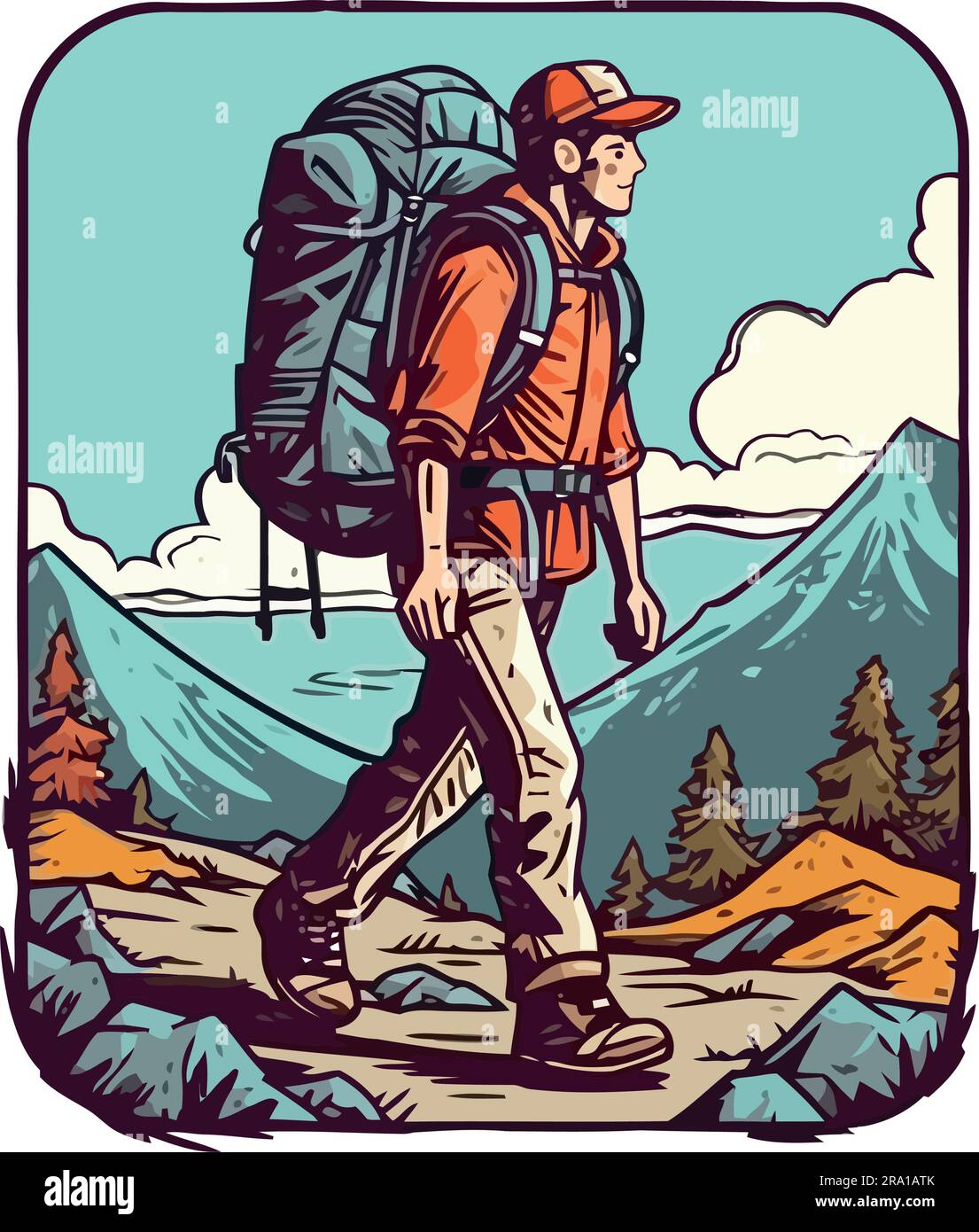 Mountain backpacker standing on cliff, adventure success Stock Vector ...