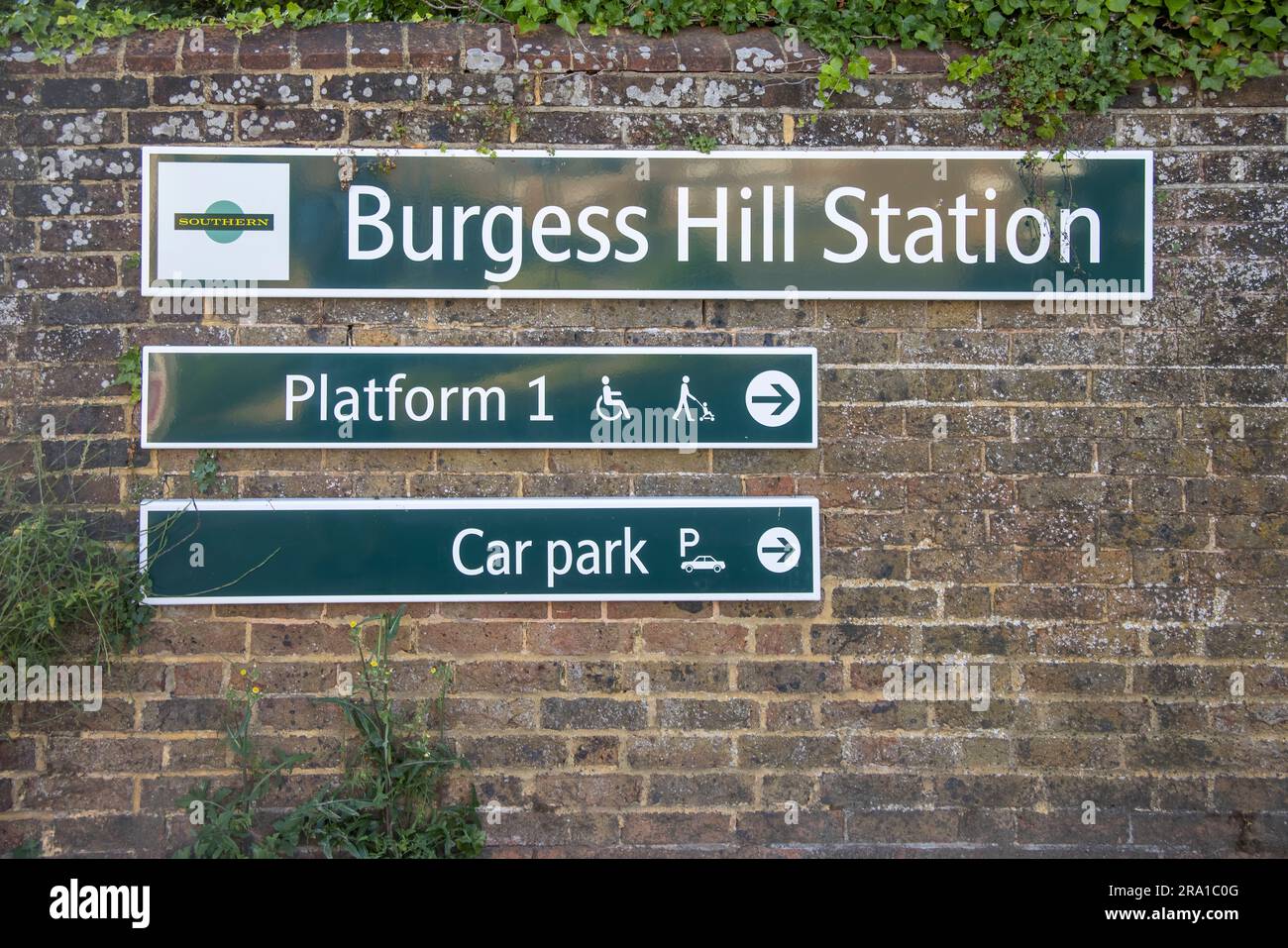 signs outside Burgess hill railway station in West Sussex Stock Photo ...