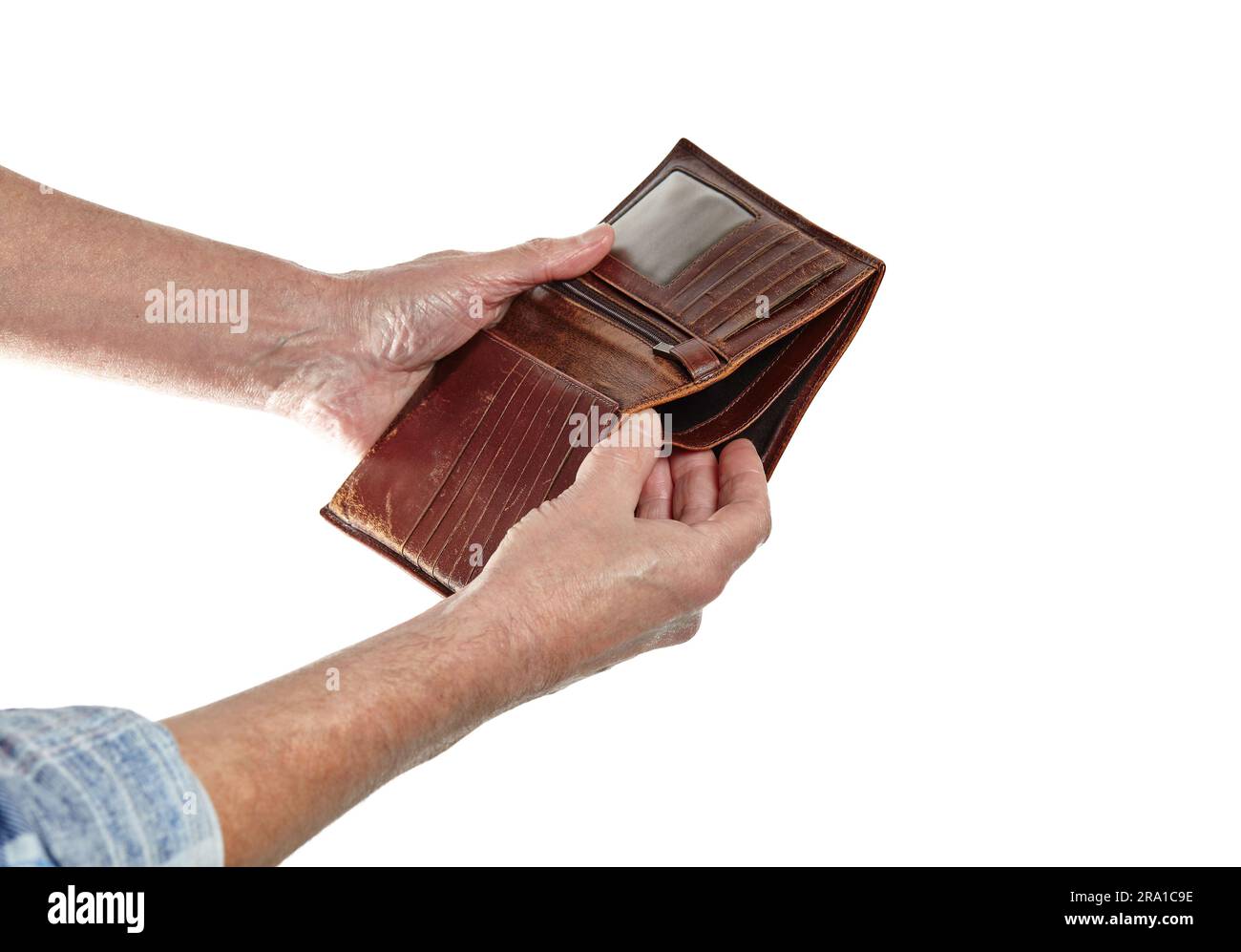 Men's hand holding empty wallet isolated on white background ...