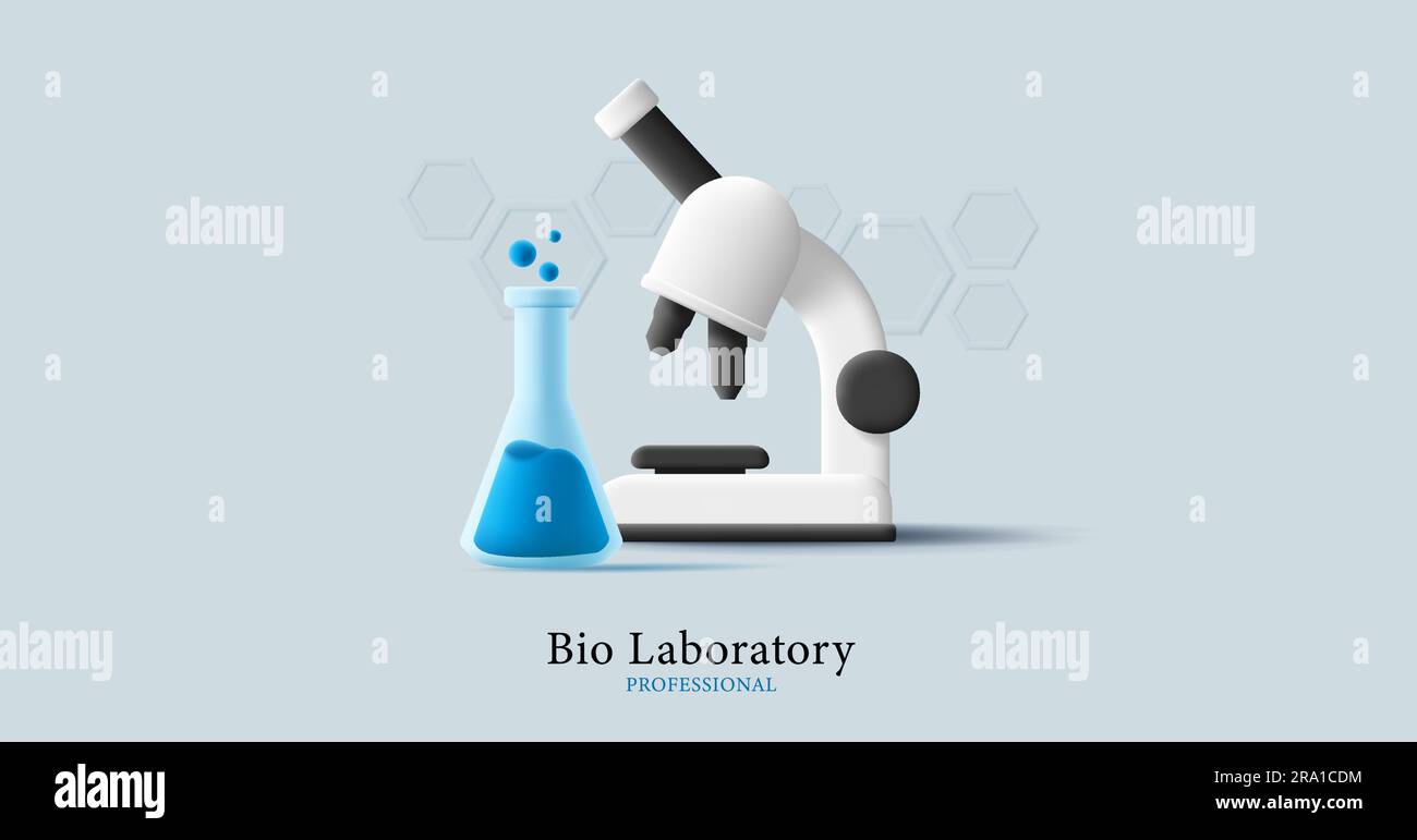 Bio laboratory 3d illustration of microscope and glass beaker with blue ...