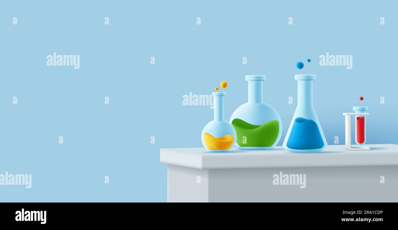 Laboratory table with glass beackers of different shapes and with ...