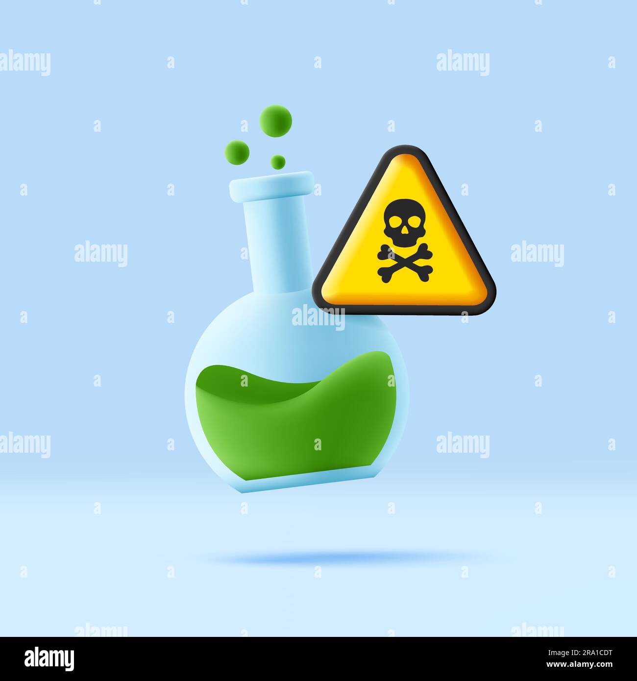 Glass beaker with a poisonous green liquid. 3d icon with skull and ...