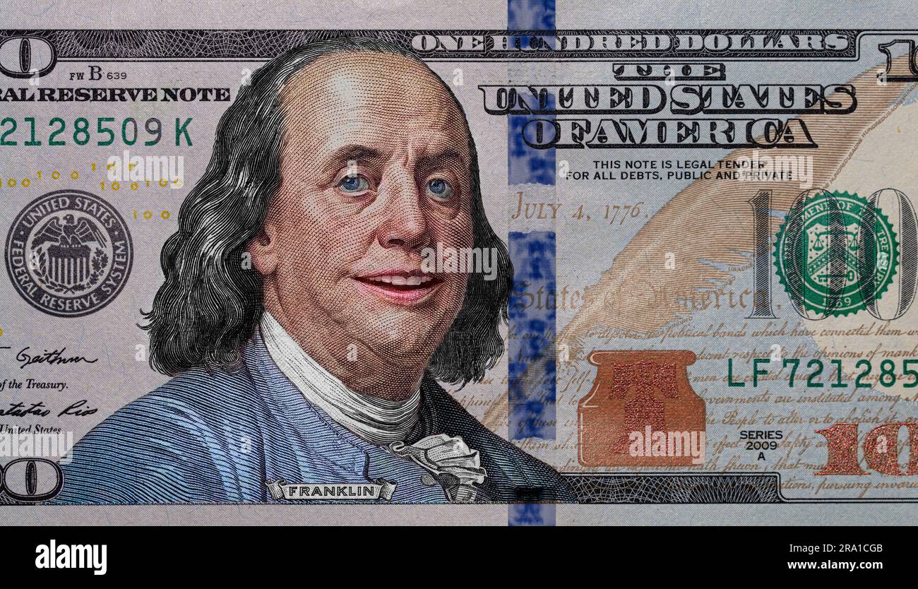 Benjamin Franklin smiling on 100 dollar banknote for design purpose ...