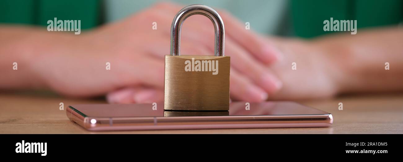 Closed metal lock on modern smartphone, mobile phone security Stock ...