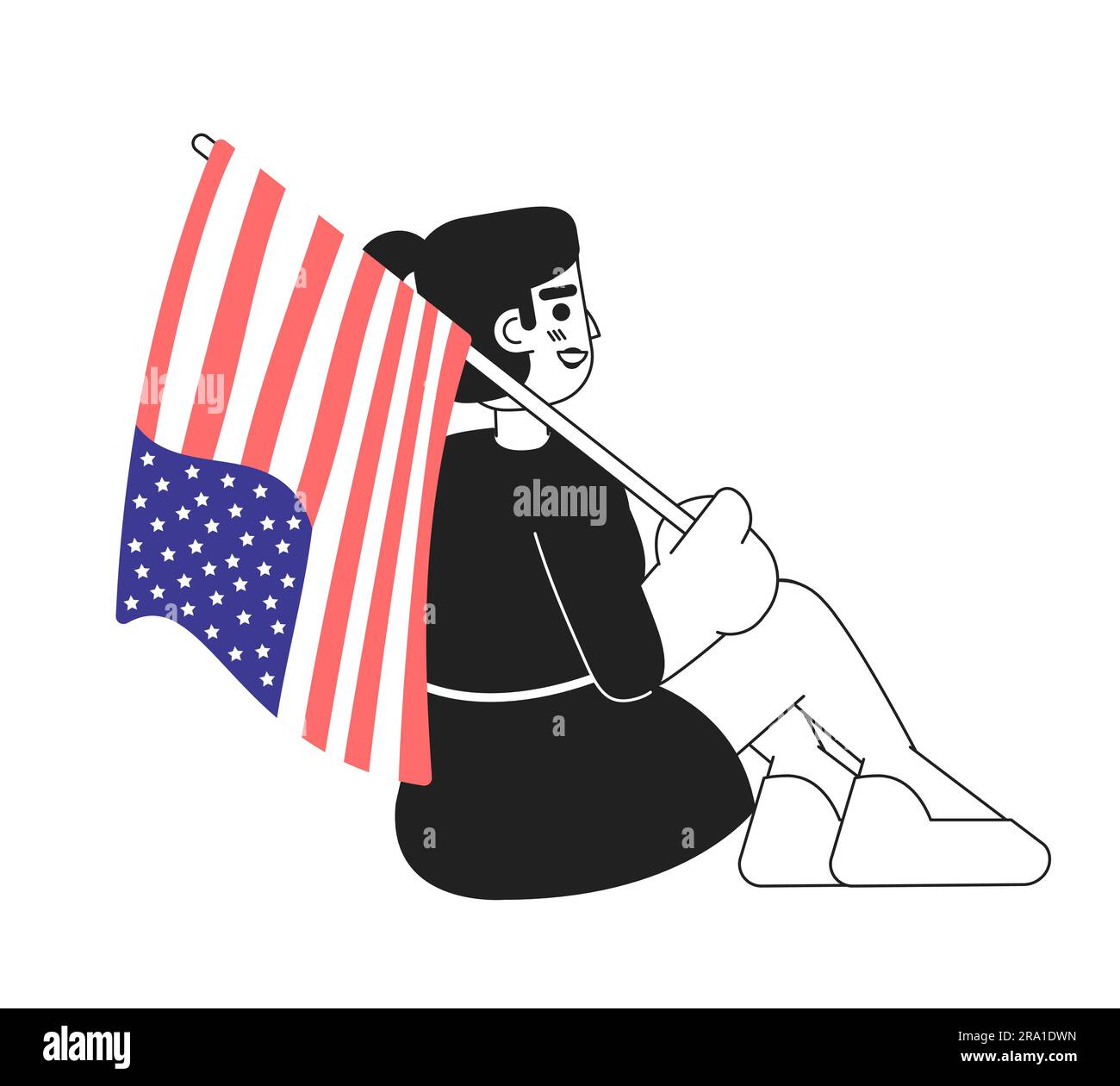 Mixed Race Girl With American Flag Sitting Monochromatic Flat Vector Character Stock Vector