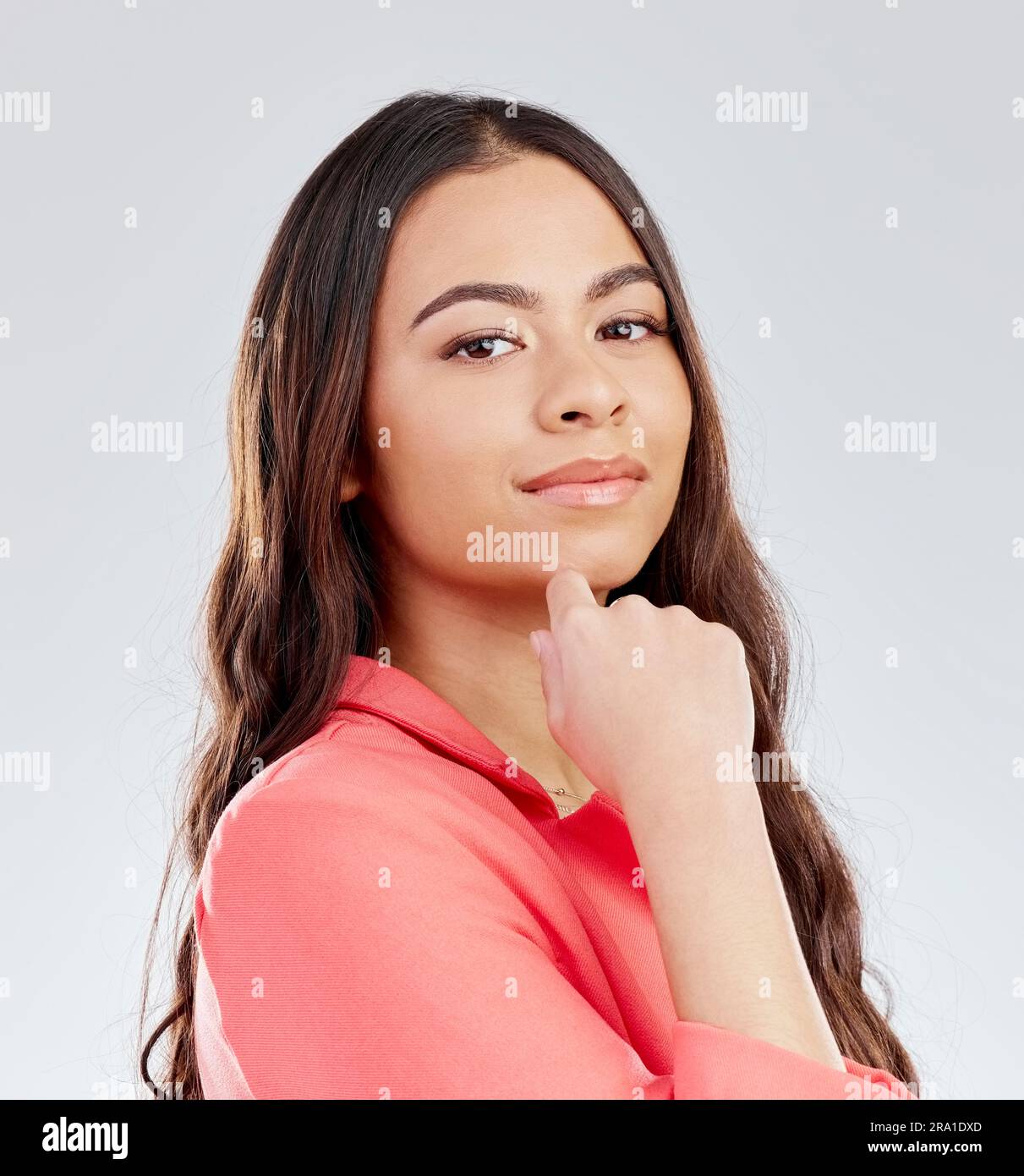 Confidence, studio portrait and professional woman, real estate agent ...