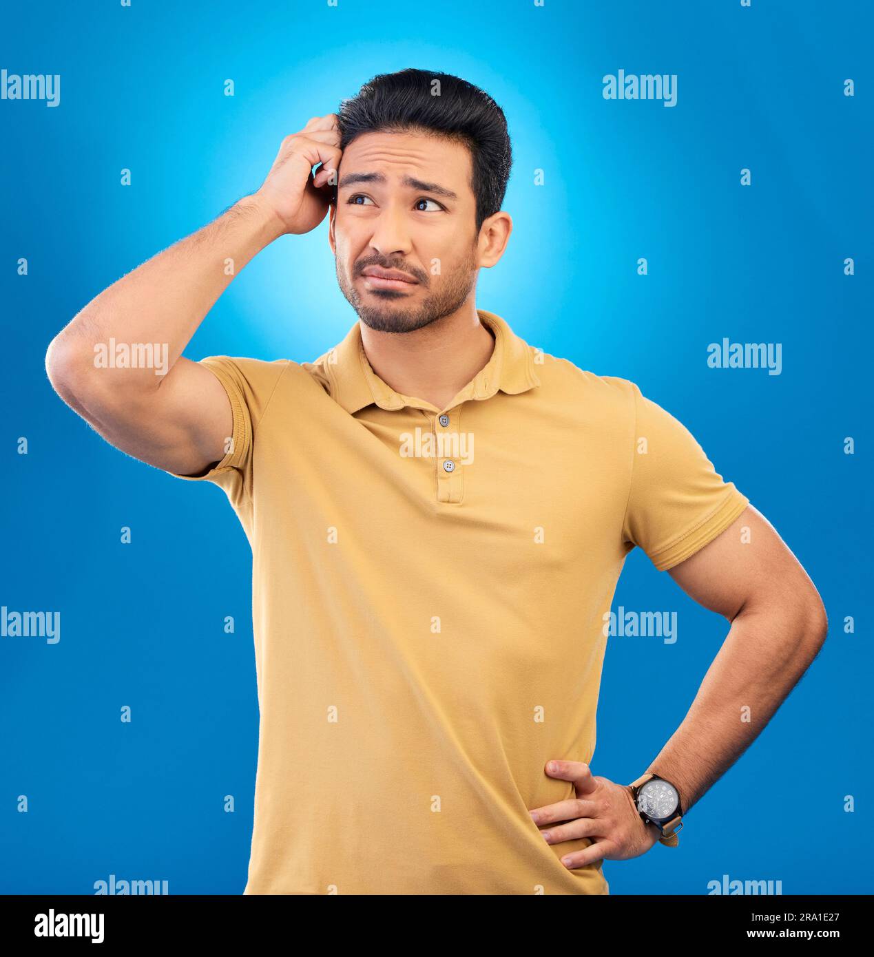 Thinking, studio ideas and man brainstorming solution, problem solving ...