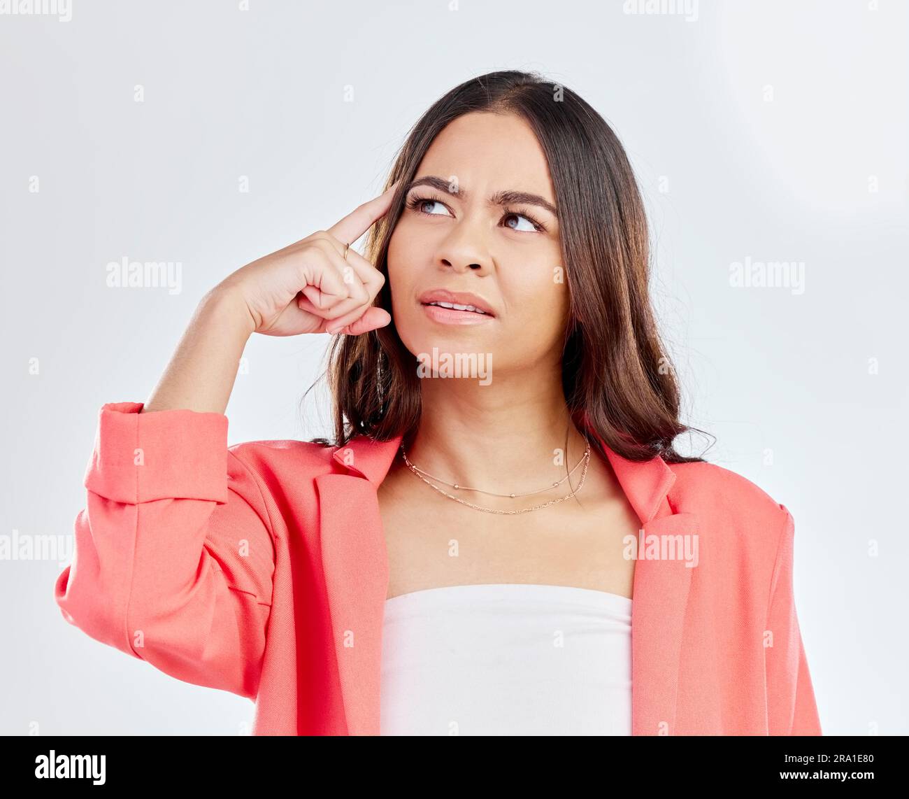 Thinking, face and business woman confused over corporate plan, problem ...