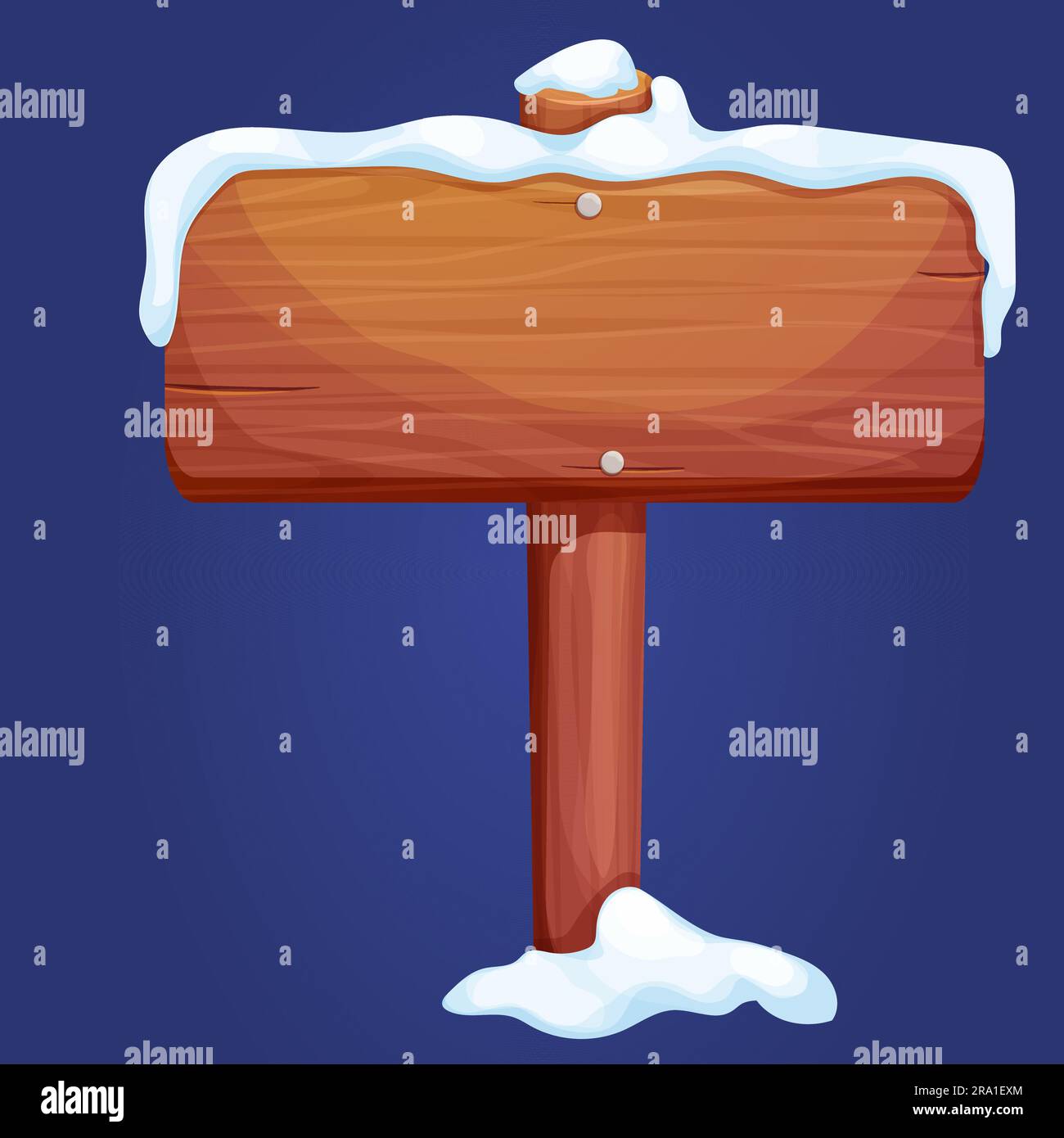 Old Wooden Blank Signboard With Snow In Cartoon Style Empty Frame