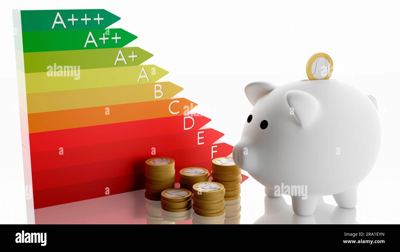 3D illustration. Energy efficiency class. Energy saving. As the energy ...