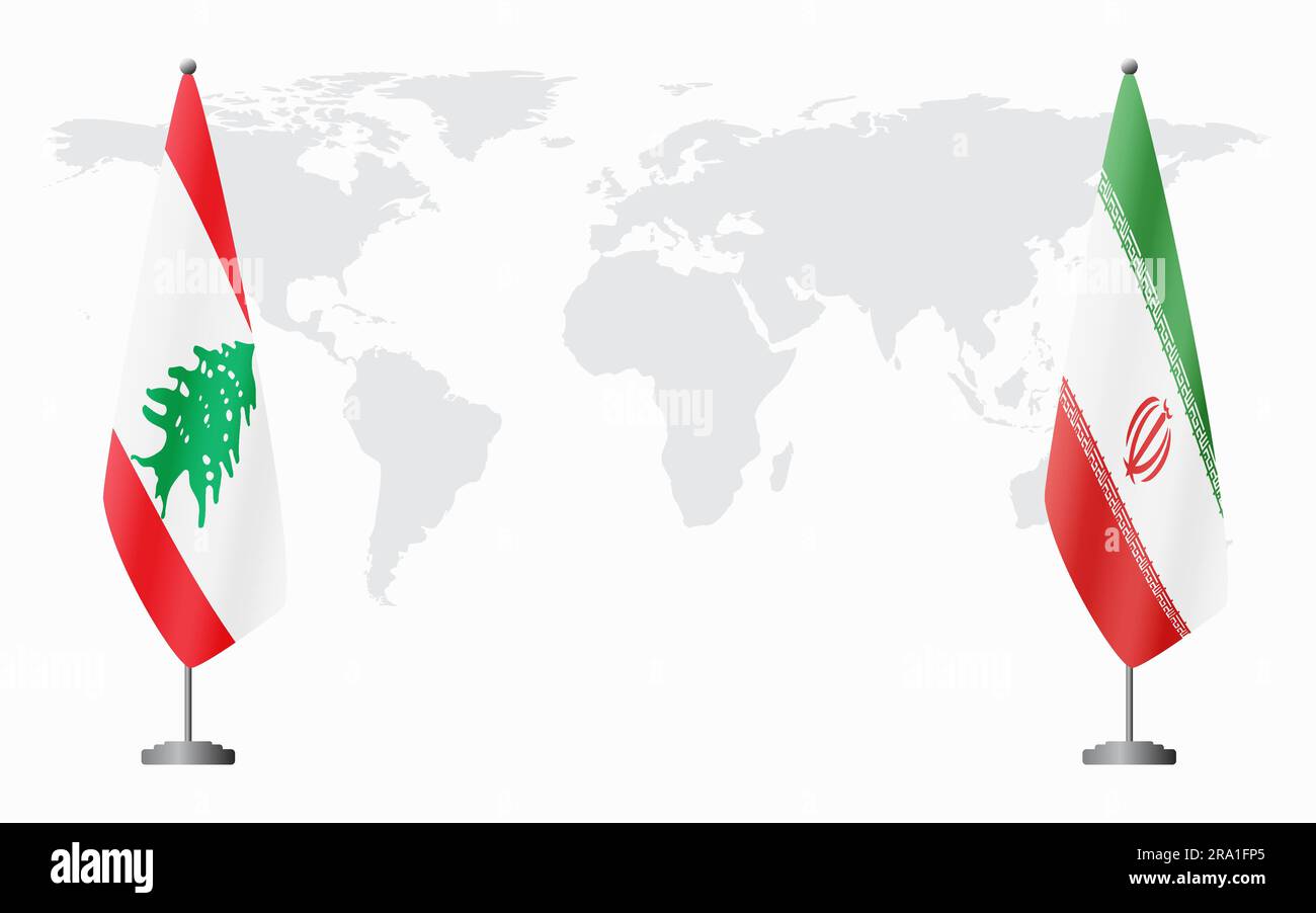 Lebanon and Iran flags for official meeting against background of world ...