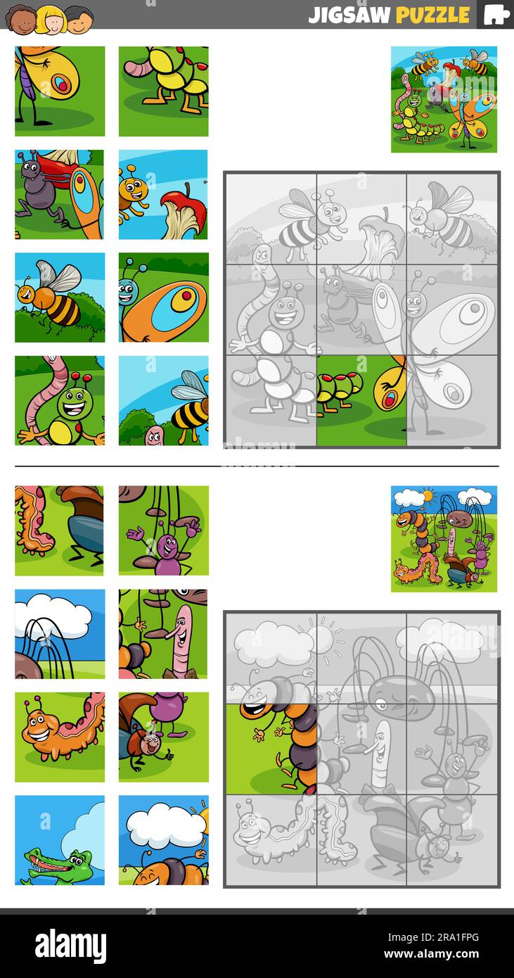 Cartoon illustration of educational jigsaw puzzle games set with ...