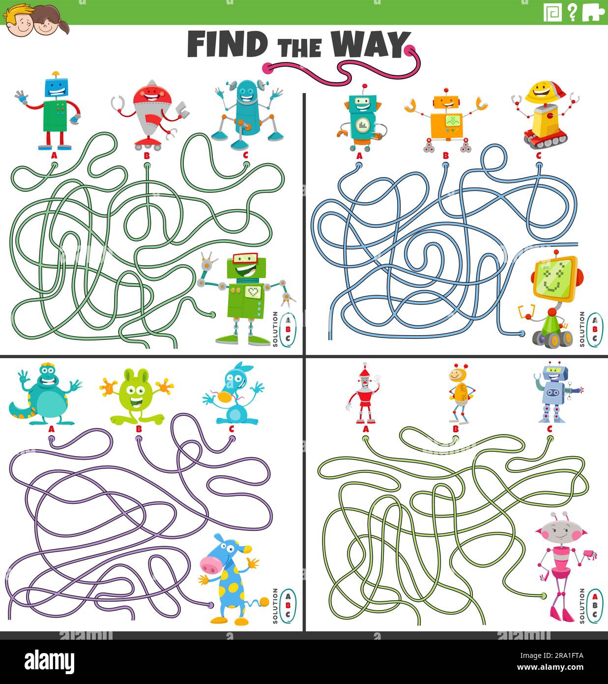 Cartoon illustration of find the way maze puzzle games set with comic ...